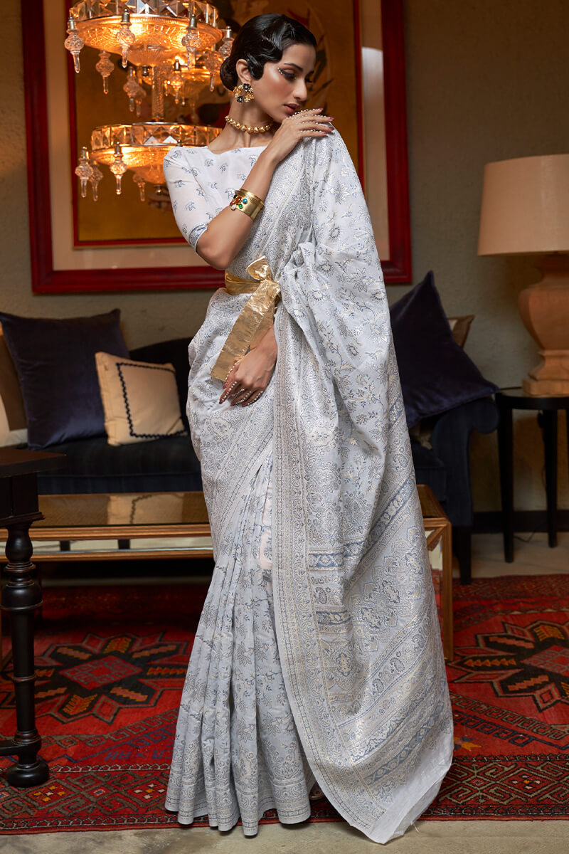 Ash Grey Kashmiri Modal Silk Saree – Armima