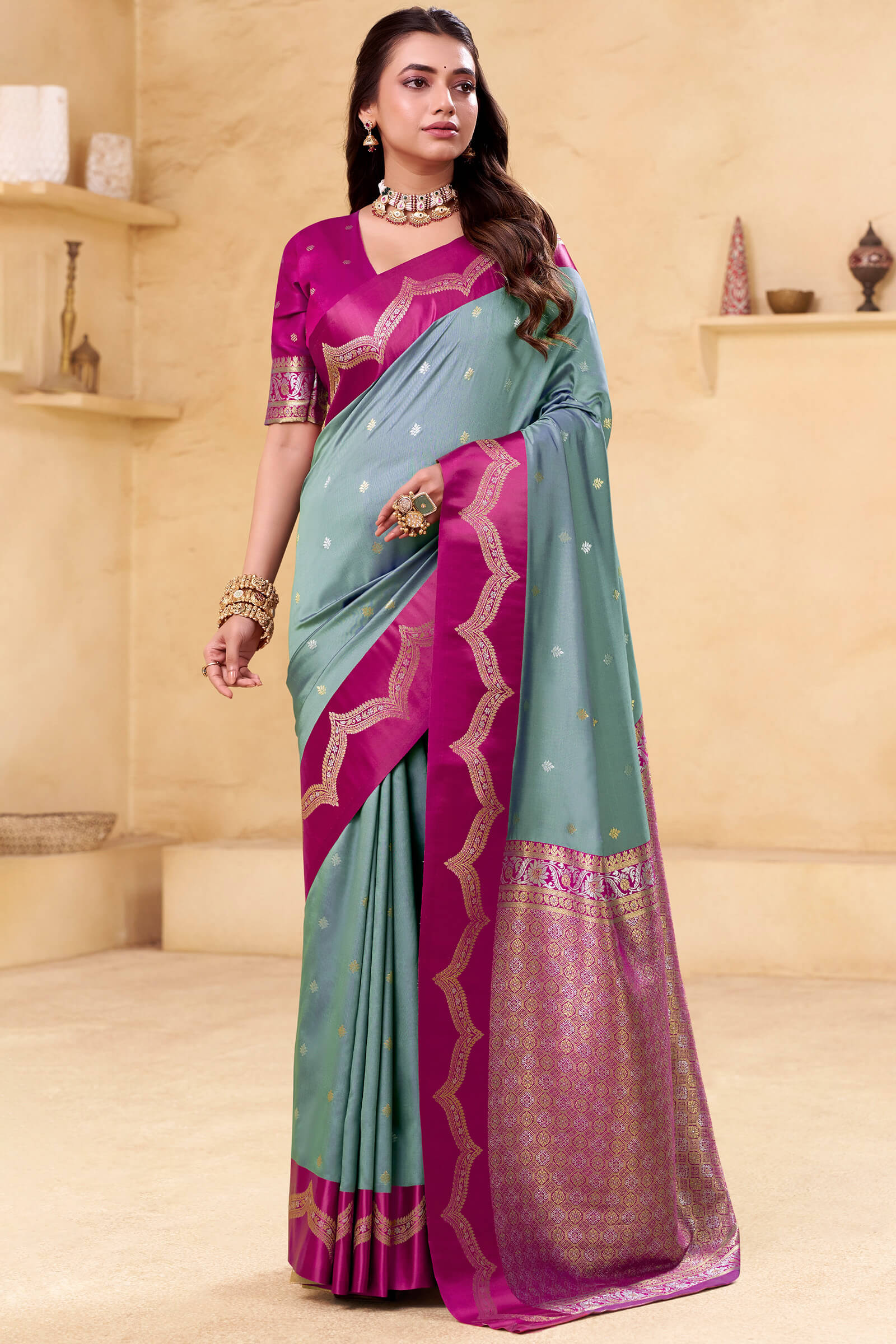 Cadet Grey Banarasi Satin Silk Saree – Armima