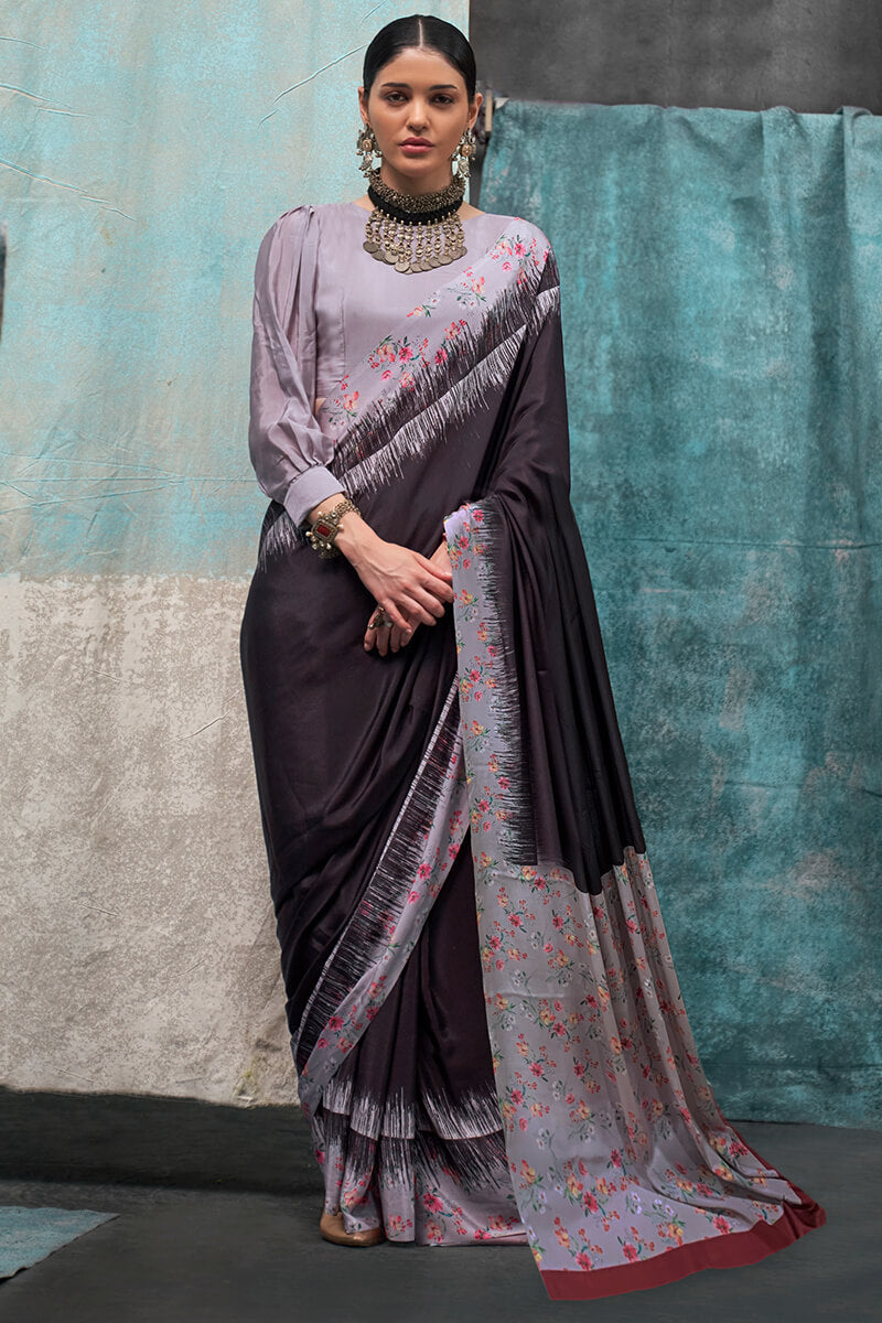 Charcoal Black Printed Crape Silk Saree – Armima