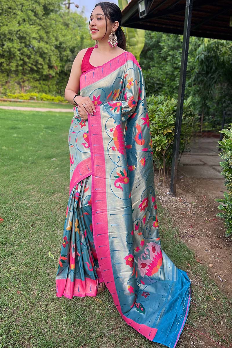 Curious Blue Zari Woven Paithani Silk Saree – Armima