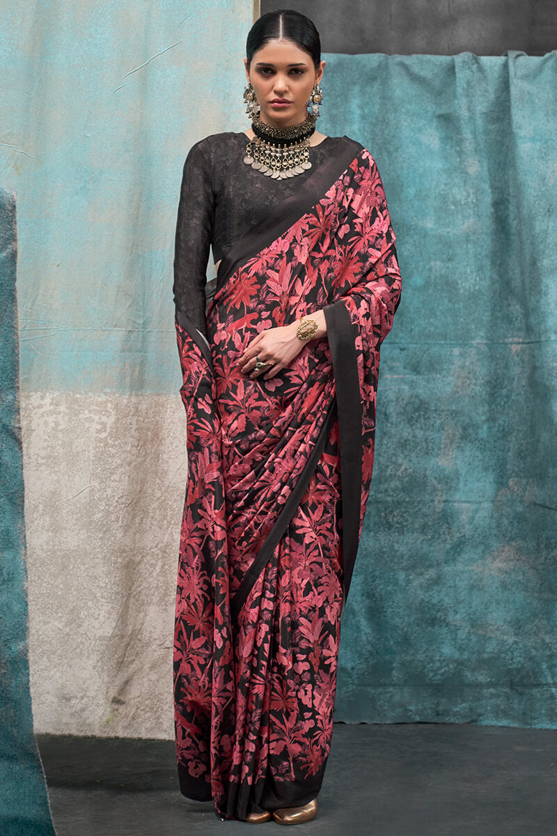 Dusty Red Printed Crape Silk Saree – Armima