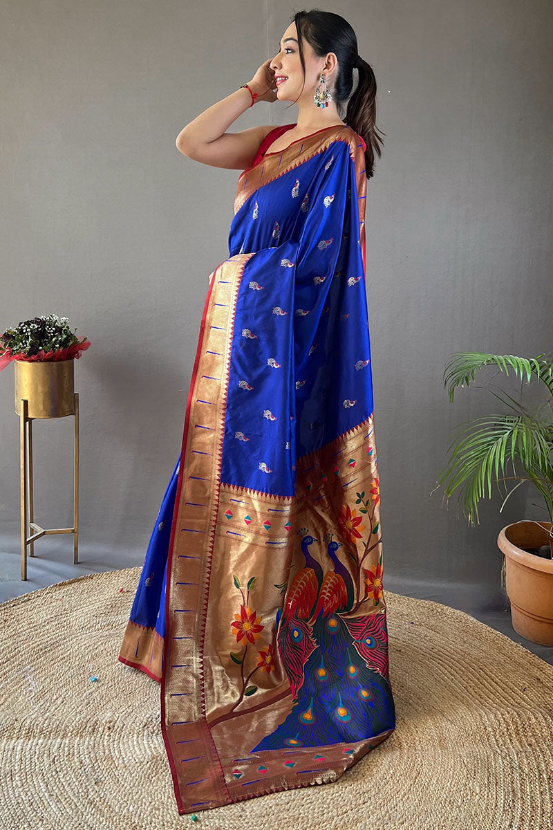 Egyptian Blue Zari Woven Paithani Silk Saree – Armima