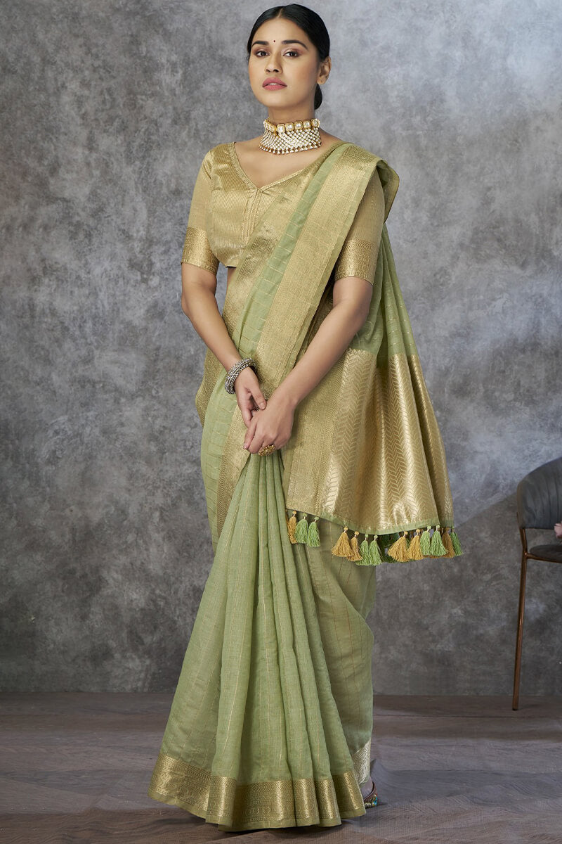 Sage Green Soft Linen Silk Saree – Armima